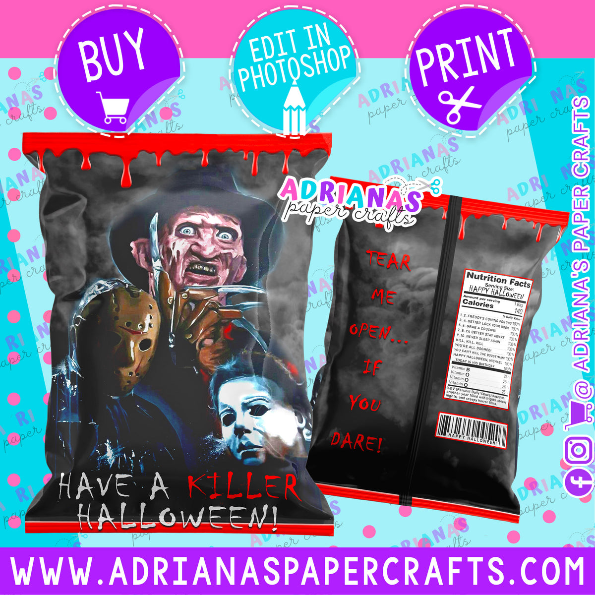Editable Horror Movie Trio Chip Bag Wrapper - Photoshop File – Adriana ...