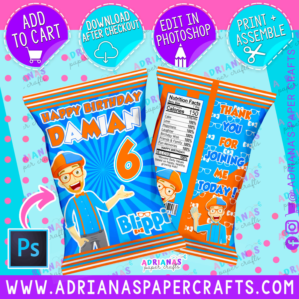 Editable Blippi Chip Bag Design - Photoshop File – Adriana's Paper Crafts