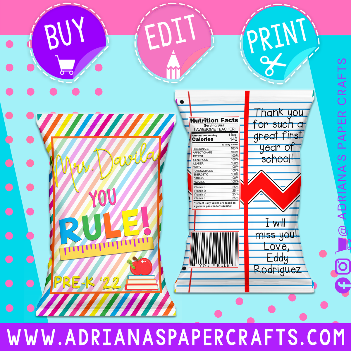 Editable Teacher Appreciation Chip Bag Design - Photoshop File ...